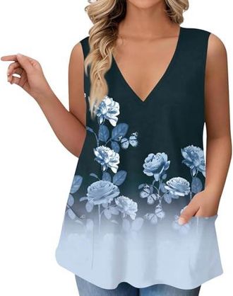 Generic Debardeur Femme Chic et &eacute;l&eacute;gant Chemisier sans Manche Imprim&eacute; D&eacute;bardeur Col V Top Ete Haut Chic et Elegant Fluide Ample Caraco Vetement Femme Ete Tee 