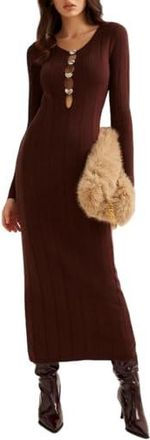 Generic Robe en tricot pour femme, robe pull moulante pour femme, en tricot c&ocirc;tel&eacute;, manches longues, d&eacute;coupes, coupe ajust&eacute;e, robe longue., bordeaux, M