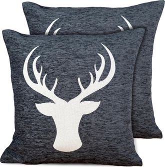 Matches 21 Kissenbezug flauschig 45x45 cm dunkelgrau mit Hirsch-Kopf - 2er Set Kissenhüllen als Weihnachtsdeko