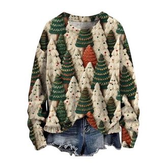 Generic Pull de No&euml;l pour femme avec motif darbre de No&euml;l imprim&eacute; col rond en tricot polychrome tendance coupe ample d&eacute;licat hauts confortables et chauds tric