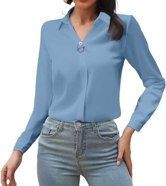 Generic Chemisier &agrave; manches longues pour le travail boutonn&eacute; - Chemisier en satin grande taille pour femme avec boutons et &eacute;paules droites - Chemisier drap&eacute; r