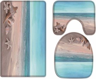 A.Monamour Badezimmer Badematte 3 Teilig Set Blaue Ozean Seesterne Conch Shell Urlaub Strand Meer Landschaft Bad Matte Teppich Flanell Saugfähig Badteppiche Badv