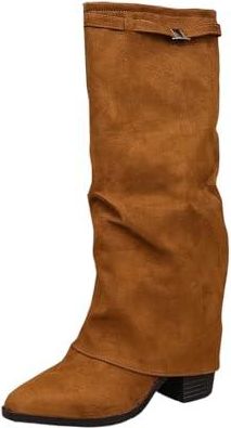 Generic Bottes hautes pour femme - Large mollet - Pliables - &Eacute;l&eacute;gantes - Talon bloc &eacute;pais - Polyvalentes et confortables - Pour lautomne et lhiver, marron, 36