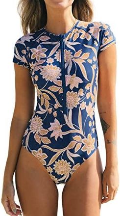 Cupshe Maillot de bain une pièce pour femme - Col haut - Manches courtes - Fermeture éclair sur le devant - Motif floral, Bleu marine/fleurs dorées, XS DAA12