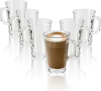 Com-Four 6x Teegläser mit Henkel - 250 ml Kaffeeglas aus Borosilikatglas - robuste Gläser für Kaffee, Tee, Säfte oder Latte Macchiato - spülmaschinenfest und m
