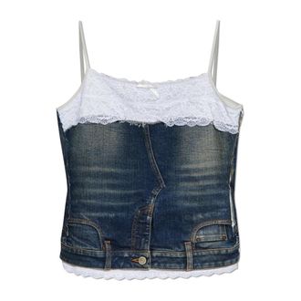Balenciaga Denim-Top mit Spitzen-Eins&auml;tzen - - Tops - Damen - Blau - 2XS
