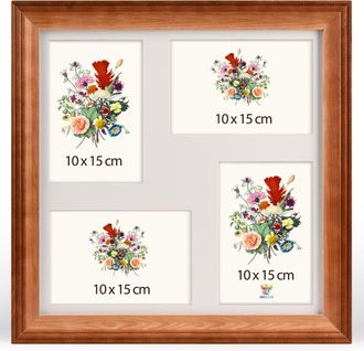 MG Design Bilderrahmen Collage f&uuml;r 4 Fotos 10 x 15 cm Braun - Mehrfachrahmen aus Echtholz mit gefr&auml;stem Zierprofil, Acrylglas und Passepartout, Wandmontage Hoch