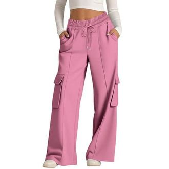 Generic Pantalon de surv&ecirc;tement pour femme avec poches taille haute et jambes larges avec poches, rose, XXL