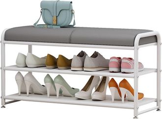 Generic Schuhbank-Sitzregal Mit 3-stufiger Aufbewahrung for Eingangsbereich, Schlafzimmer, Wohnzimmer, Flur(Gray White Frame,90cm)