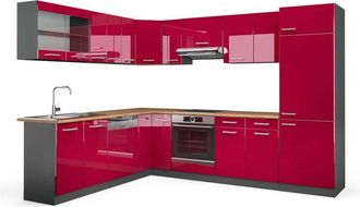 Vicco Eckk&uuml;che R-Line, Bordeaux Hochglanz/Anthrazit, 227 x 287 cm, ap Eiche