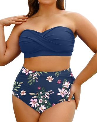 Yonique Zweiteiliger Damen-Badeanzug, &Uuml;bergr&ouml;&szlig;e, hohe Taille, Bandeau-Bikini, Bauchweg-Badeanzug, Blaue Blume, 22 Plus