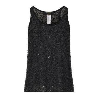 Twinset Top mit Pailletten und Strass - - Tops - Damen - Schwarzk - L