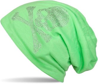 styleBREAKER Klassische Beanie Mütze mit Totenkopf Strass Applikation, Unisex 04024034, Farbe:Neongrün, Materialart:leicht