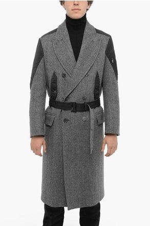 Neil Barrett Herringbone Motif Virgin Wool Double Breast Coat With Belt size 46