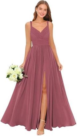 Generic Robe de demoiselle dhonneur en mousseline de soie avec col en V et bretelles spaghetti, longue robe de soirée froncée avec fente, mûre, 54 Grande tail