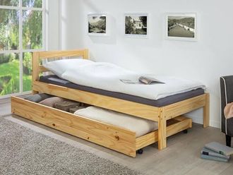 Dmora Ausziehbare Schublade mit Rollen für Bett, in Kiefer massiv naturfarben, Maße 199 x 94 x 22 cm