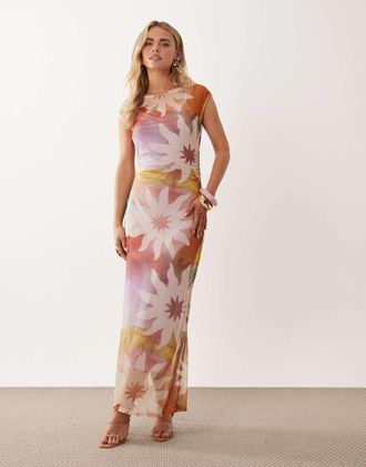 Never Fully Dressed Petite - Luna - Robe longue en tulle &agrave; encolure bateau - Imprim&eacute; soleil pastel-multicolore