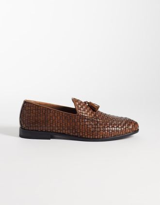 Asos Schmale Leder-Loafer in Braun mit gewebtem Design und Quasten