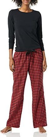 Amazon Essentials Ensemble de Nuit léger en Flanelle avec Pantalon et t-Shirt à Manches Longues pour Femmes, Rouge/Noir, Motif écossais Mini Buffle, Taille XL