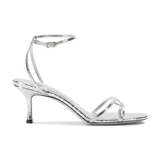 Jimmy Choo London Femme, Chaussures, Gris, Taille: 37 1/2 EU Sandales &agrave; talons chaton &agrave; brides en cuir m&eacute;tallis&eacute; gaufr&eacute;