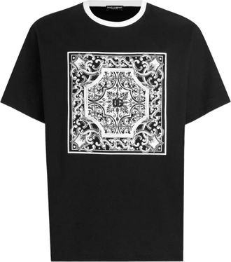 Dolce & Gabbana Homme, Tops, Noir, Taille: M T-shirt en coton avec logo et imprim&eacute; baroque
