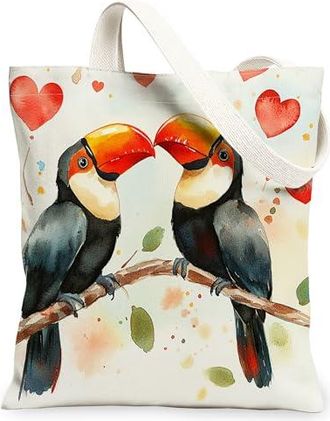 Generic Sac fourre-tout en toile avec motif doiseau toucan pour le shopping, 33 x 38 cm, sac &agrave; bandouli&egrave;re r&eacute;utilisable pour la Saint-Valentin, peinture en fo