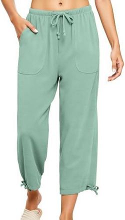 Generic Pantalon en coton et lin pour femme - Jambe large - Pantalon de plage d&eacute;t&eacute; pour femme - Confortable - Pantalon de yoga Palazzo XIYU26083, Vert, XXL