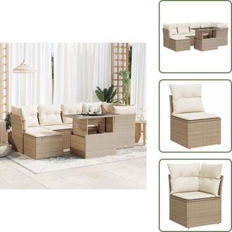vidaXL The Living Store 7-tlg. Garten-Sofagarnitur mit Kissen Beige Poly Rattan - Terrassensofa