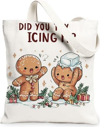 Generic Sacs fourre-tout en toile de No&euml;l en forme de pain d&eacute;pices, sacs r&eacute;utilisables, l&eacute;gers et lavables pour lhiver, blanc, 13x15 Inch