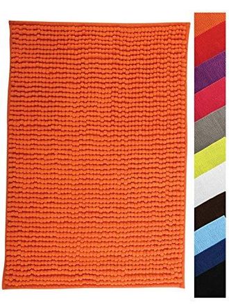 MSV Tapis de Bain Chenille - Poils Longs Microfibres Moelleux Anti-dérapant - 40 x 60 cm - Orange - Lavable en Machine - Boucle dAccrochage pour Séchage R