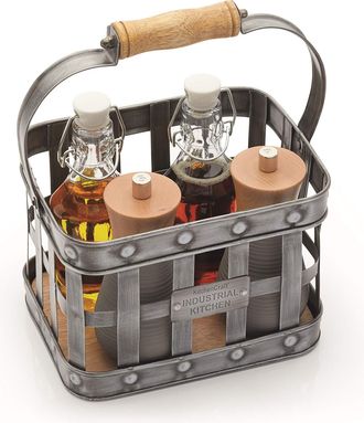 KitchenCraft Industrieküche Metallkorb mit Holzgriff, geflochtener verzinkter Stahl und Mangoholz, 23 x 15,5 x 28cm, 1 Korb