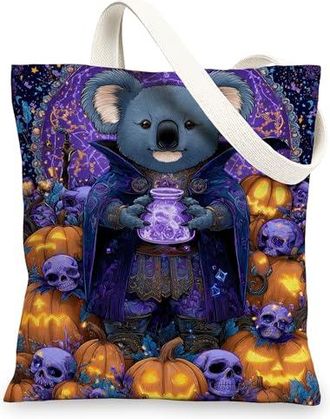 Generic Koala Sac fourre-tout en toile, motif animal amusant dHalloween, sacs dépicerie réutilisables, colorés, légers et lavables avec bandoulière, violet, 1