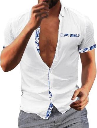 Minetom Chemisette Homme à Carreaux Plage Chemise Manches Courtes Business Slim Fit Carreaux Imprimé DéContracté Tops Lin Blouse avec Poche Poitrine A Blanc S