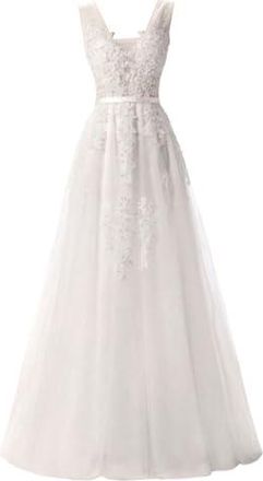 Generic Robes de Bal Blanches pour Femmes, Robes de mari&eacute;e Grande Taille pour mari&eacute;e, col en V, sans Manches, Longue Robe soir&eacute;e Formelle en Dentelle Scintill