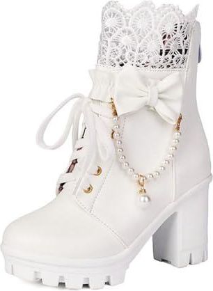 Generic Bottines Lolita pour femme avec dentelle et cha&icirc;ne de perles et noeud &agrave; talon haut avec fermeture &eacute;clair, blanc, 38.5 EU