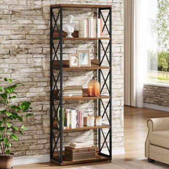 Tribesigns Bücherregal im Industriestil, 178 cm hoch, 6-stöckig mit offenen Regalen, Vintage-Stil, ideal für Zuhause, Büro, Schlafzimmer, Arbeitszimmer, Braun un