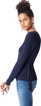Find. Pullover Damen mit Feinripp, glatten Ärmeln, rundem Ausschnitt und Schnürdetails, Blau (Navy), 36 (Herstellergröße: Small)