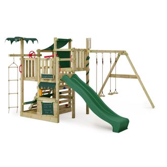 Fatmoose Spielturm Klettergerüst CrazyCoconut Club XXL mit Schaukelanbau, grüner Rutsche & Plane, Outdoor Kinder Kletterturm mit Sandkasten, Leiter & Spiel-Zub