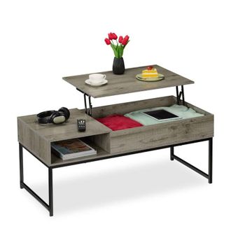 Relaxdays Relaxdays - Table basse avec plateau relevable, hlp : 45x110x50 cm, effet bois et m&eacute;tal, table de salon, grise