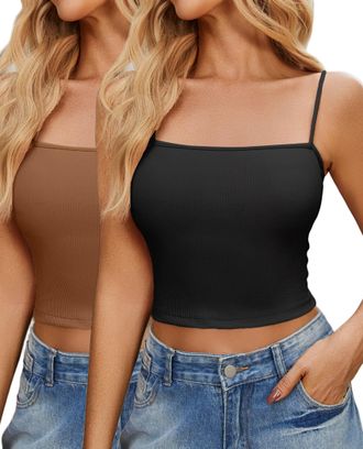 Ekouaer Damen 2er Pack Tank Top Sexy Crop Top Basic Stretch Unterhemd Ärmellose Camilose Verstellbare Spaghetti Trägertop Casual Slim Fit Oberteile Schwarz + 