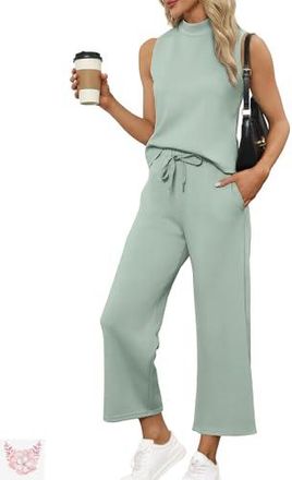 Generic Costume dété habillé à jambes larges pour femme, pantalon de costume daffaires, ensemble deux pièces pour femmes, tenues dété, tenues de voyage, vert 