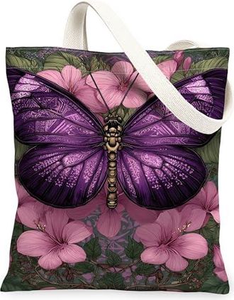 Generic Sacs fourre-tout en toile motif floral papillon, sacs d&eacute;picerie r&eacute;utilisables, sacs d&eacute;picerie r&eacute;utilisables, l&eacute;gers et lavables, violet, 13x15 Inch