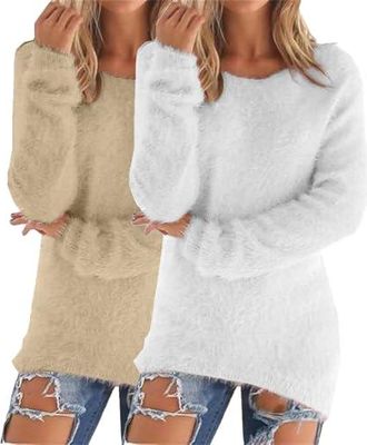 Generic Lot de 2 pulls au crochet pour femme - Couleur unie - Chaud - Doublé en polaire - Manches longues - Col rond - Doux et confortable - Pull ample - Pour