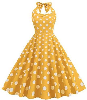 Generic Robe de Cocktail Sexy Femme Col Halter Imprim&eacute; sans Manches D&icirc;ner Formel Robe R&eacute;tro Pois Tunique de Soir&eacute;e(Yellow, XXL)