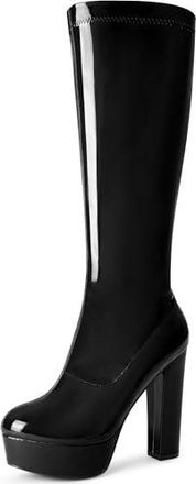 Allegra K Bottes hautes en cuir verni à talon épais pour femme, Noir, 37 EU