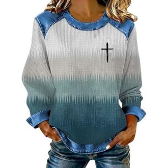 Generic Sweats chr&eacute;tiens pour femmes, religieuse, foi, J&eacute;sus, croix, graphique en denim, pull vintage en tricot gaufr&eacute;, patchwork, chemise surdimensionn&eacute;e &agrave; c