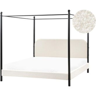 Beliani Lit &agrave; Baldaquin Minimaliste en Boucl&eacute; 180 x 200 cm Cadre M&eacute;tallique Noir Lattes Bois de Peuplier Blanc Dannemois
