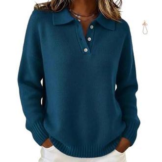Generic Pull classique &agrave; col en V boutonn&eacute; pour femme - Couleur unie - Automne et hiver, bleu marine, 4XL