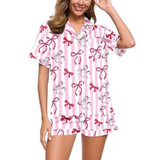 Generic 2026 Saint-Valentin Femmes Mode Imprim&eacute; Home Wear Set Loose Confortable Casual Manches Courtes Blouse Shorts Deux Pi&egrave;ces, rose, XL