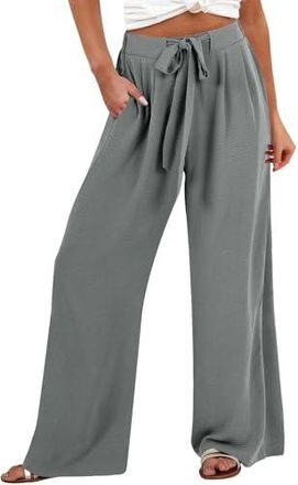 Generic Pantalon en lin pour femme - Taille &eacute;lastique - Pantalon ample d&eacute;contract&eacute; en coton doux - Pantalon de d&eacute;tente l&eacute;ger - Pantalon dext&eacute;rieur quotidien -